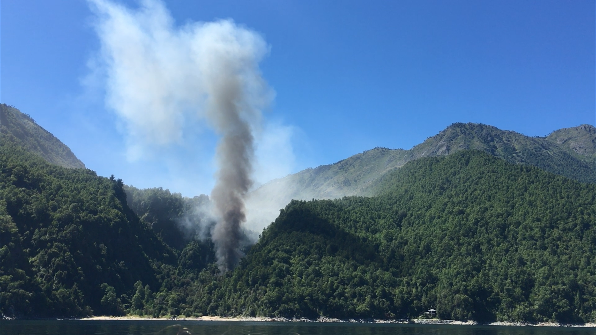 Rebrota incendio apagado en lago Caburgua la semana pasada